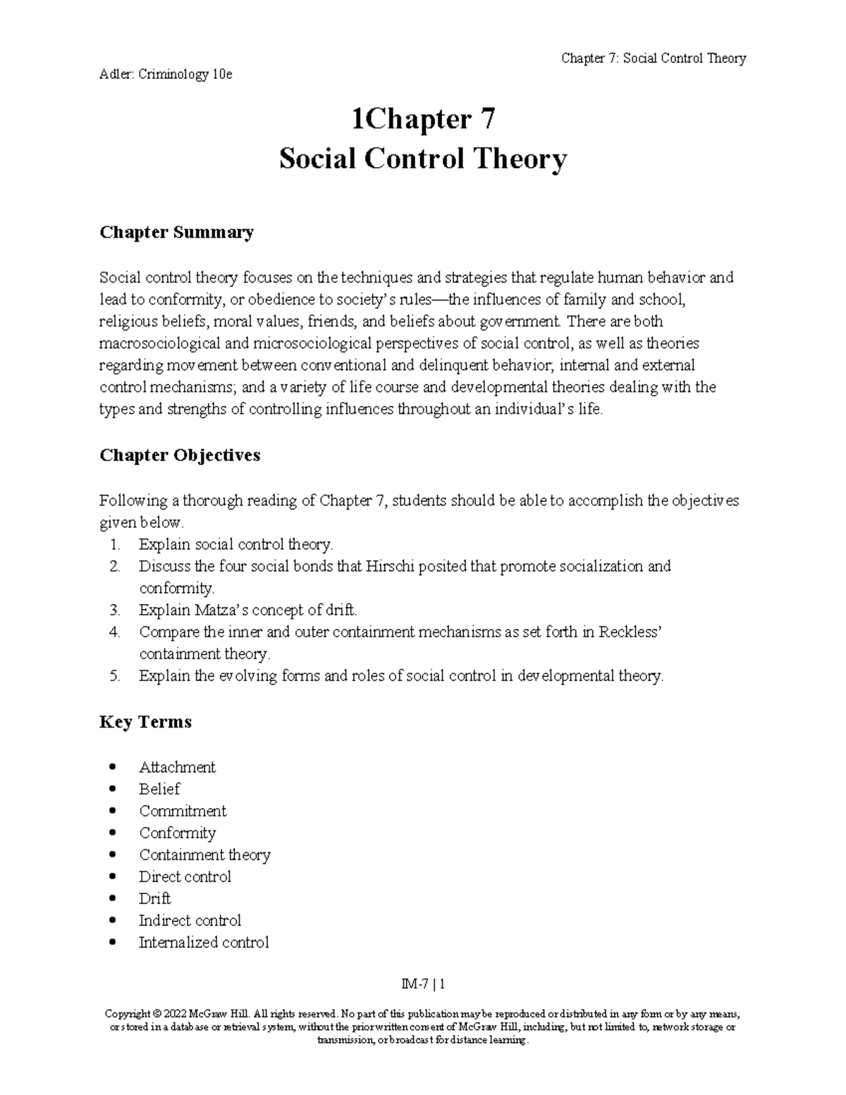 Adler 10e IM Ch07 - Adler: Criminology 10e 1 Chapter 7 Social Control Theory Chapter Summary ...
