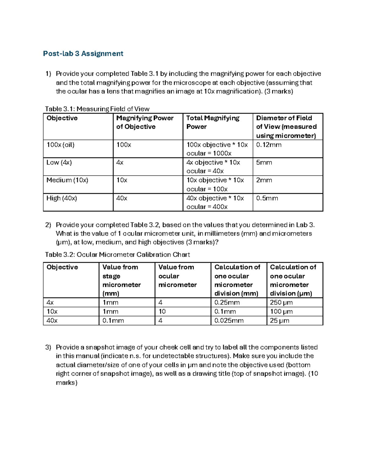 Post Lab 3 Bio 1a03 Post Lab Work For Lab 3 Of Bio 1a03 Post Lab 3 Assignment Provide Your 