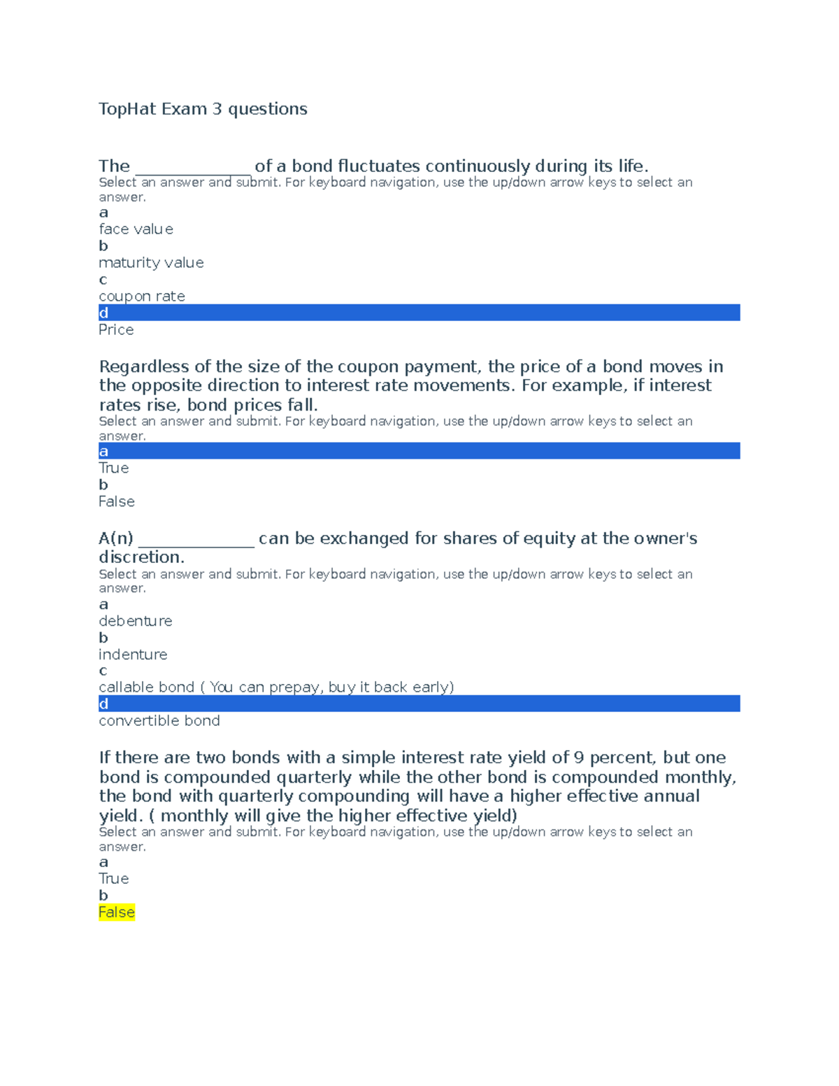 Top Hat Exam 3 questions Practice problems - FINA 2301 - UH - Studocu