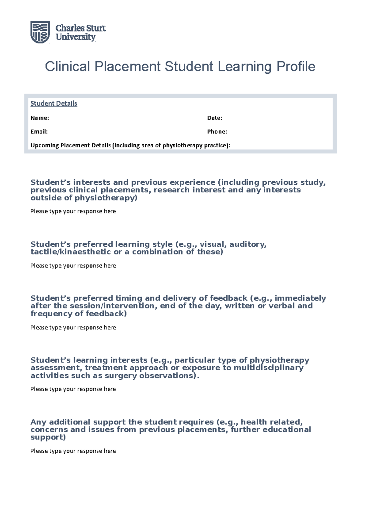 Clinical Placement Student Learning Profile - , visual, auditory ...