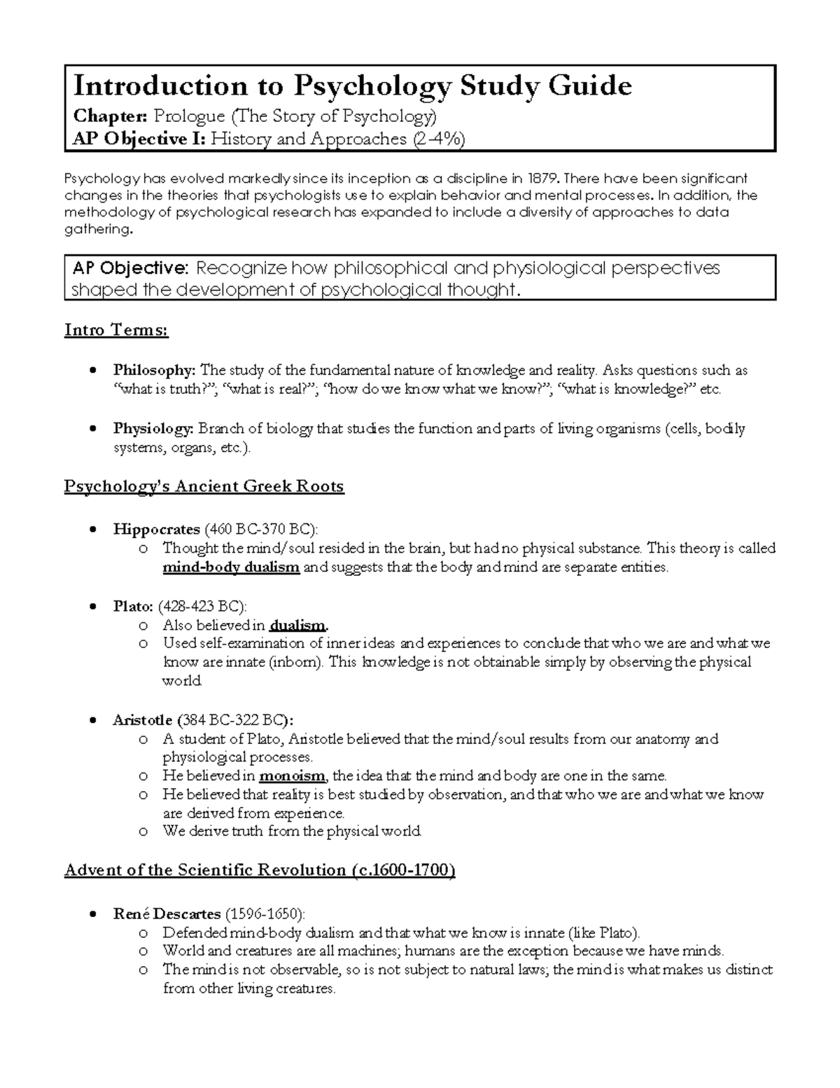 History and methods study guide - Introduction to Psychology Study ...