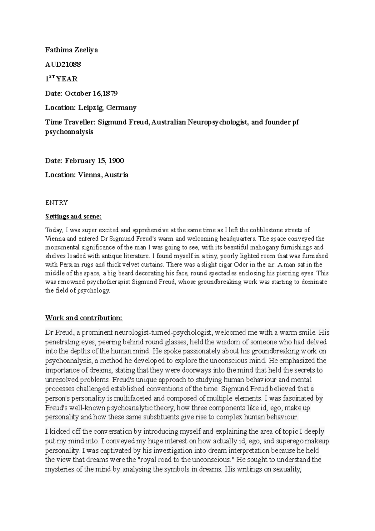 Journal entry sigmund freud - Fathima Zeeliya AUD 1 ST YEAR Date ...