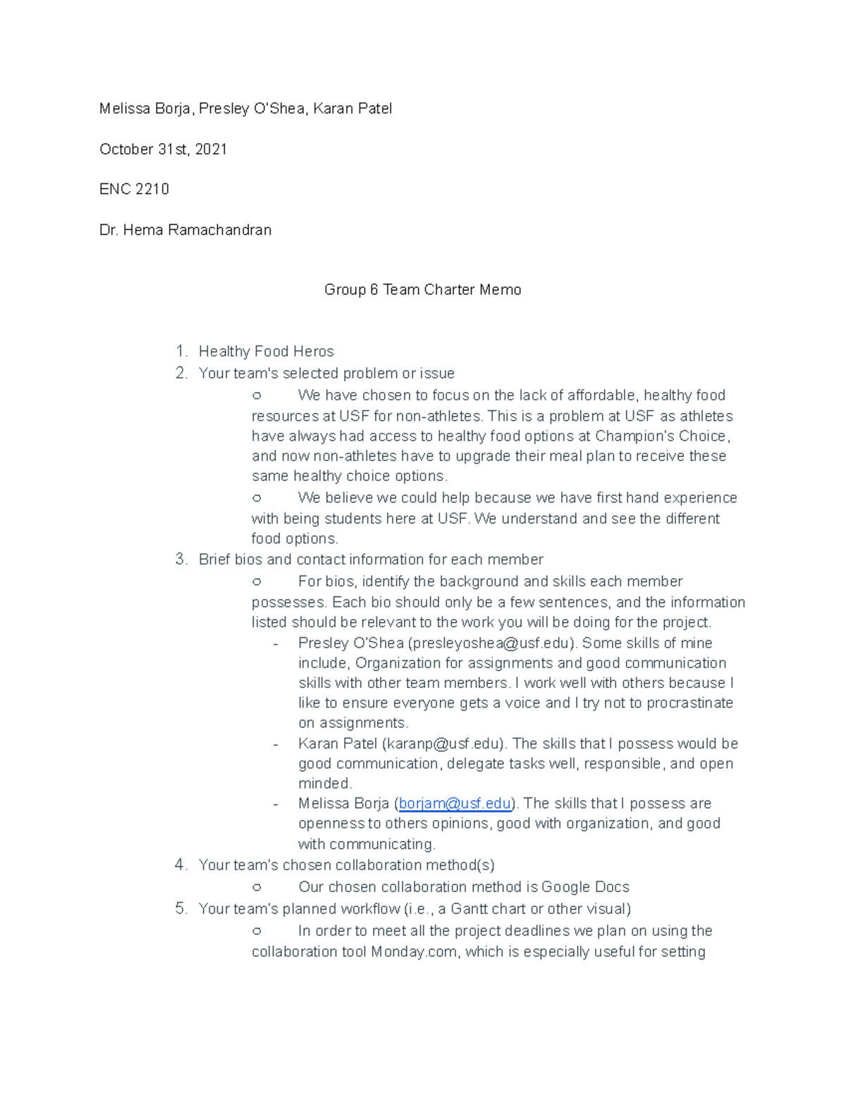 Group 6 Team Charter Memo - Melissa Borja, Presley O’Shea, Karan Patel ...