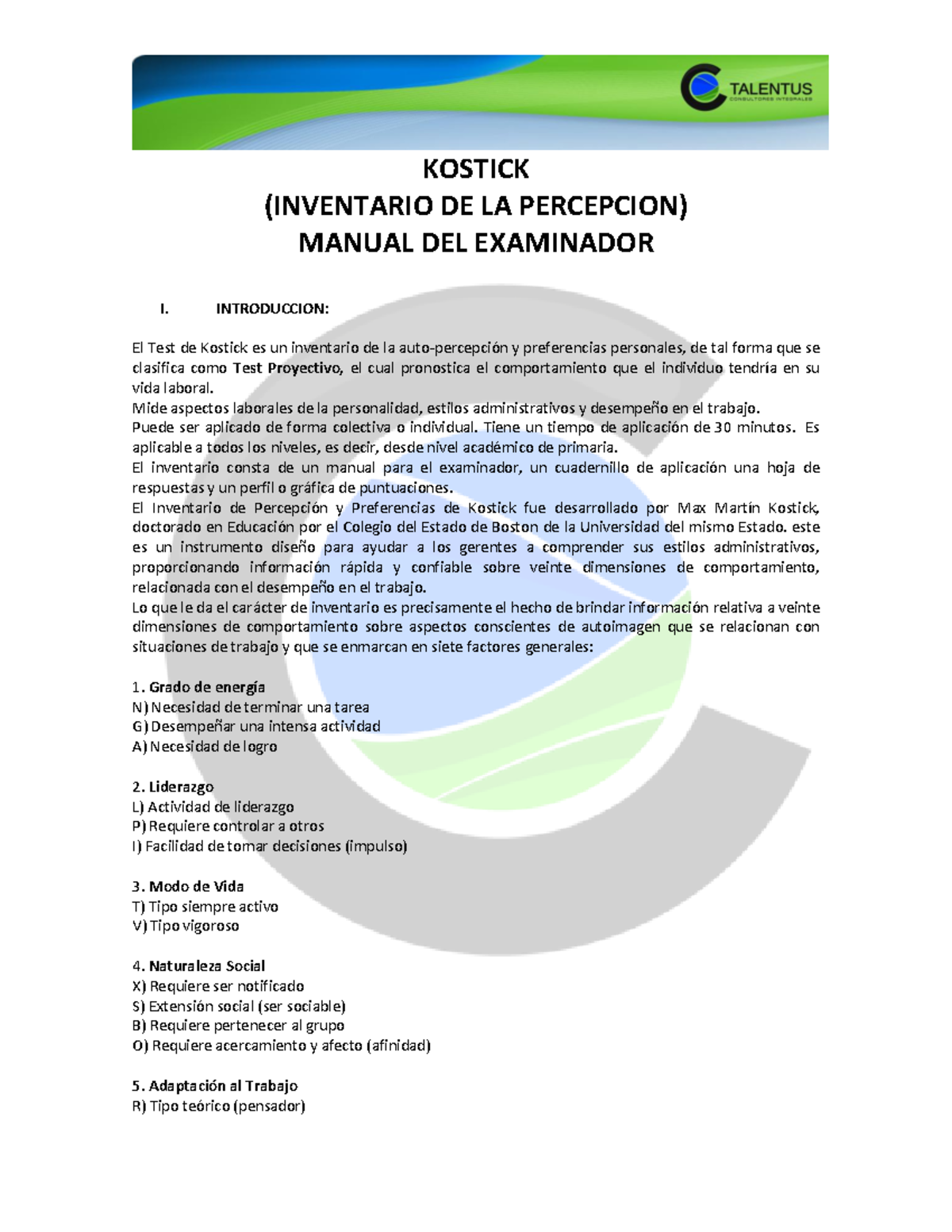 Manual Kostick - instrumento psicometrico - KOSTICK (INVENTARIO DE LA ...