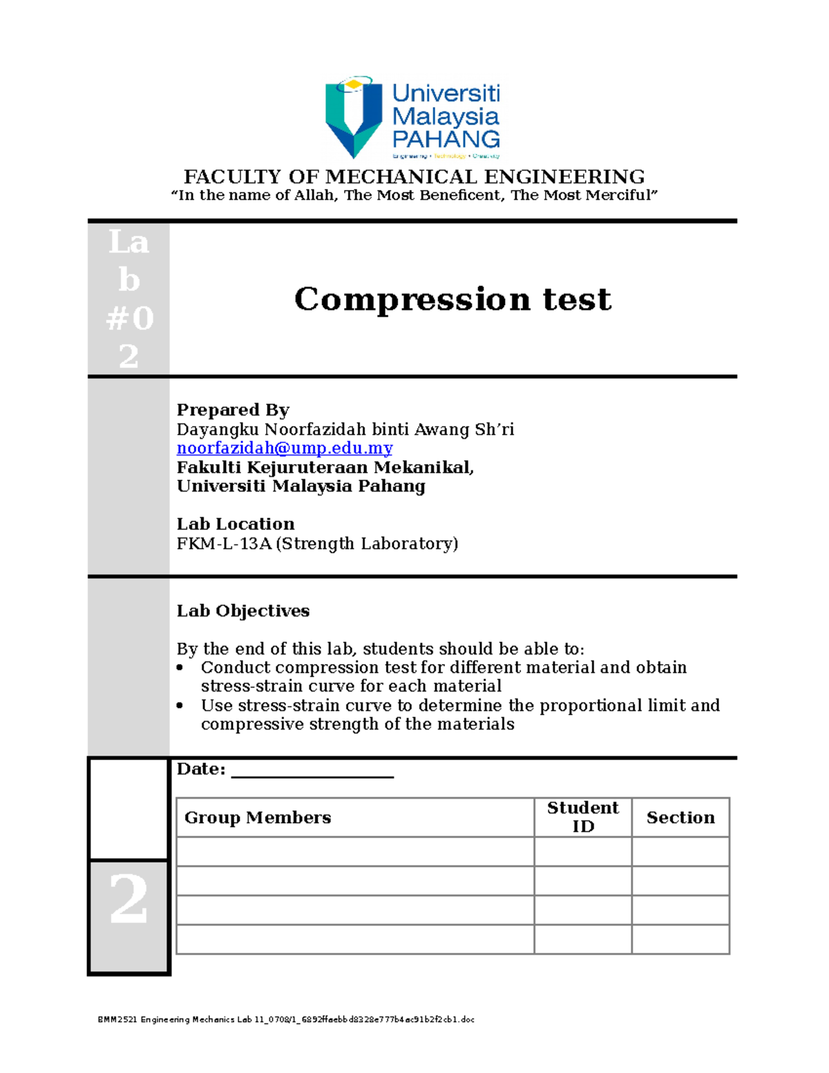 Compression Test solution - FACULTY OF MECHANICAL ENGINEERING “In the ...