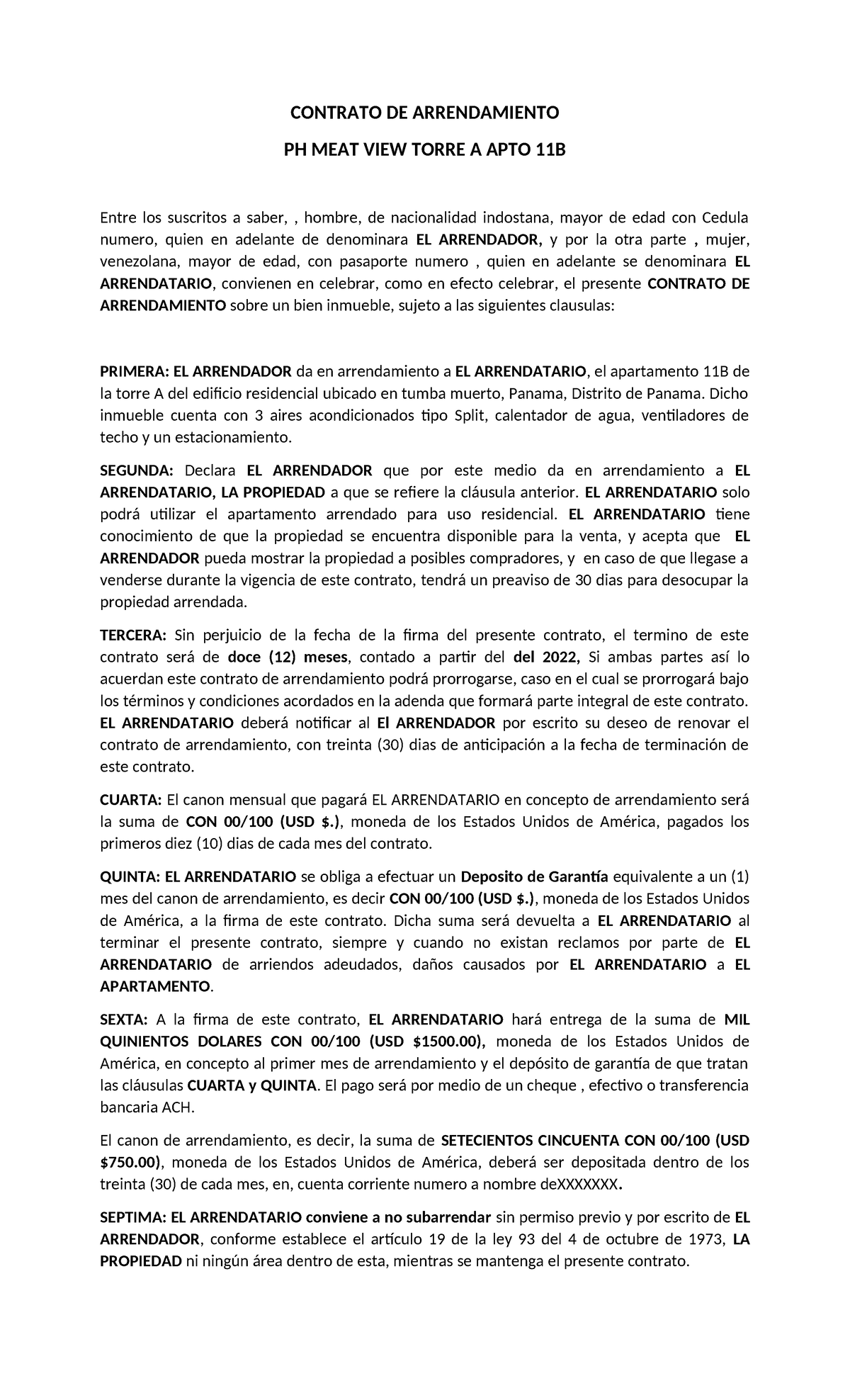 Contrato arrendamiento modelo #1 - CONTRATO DE ARRENDAMIENTO PH MEAT ...