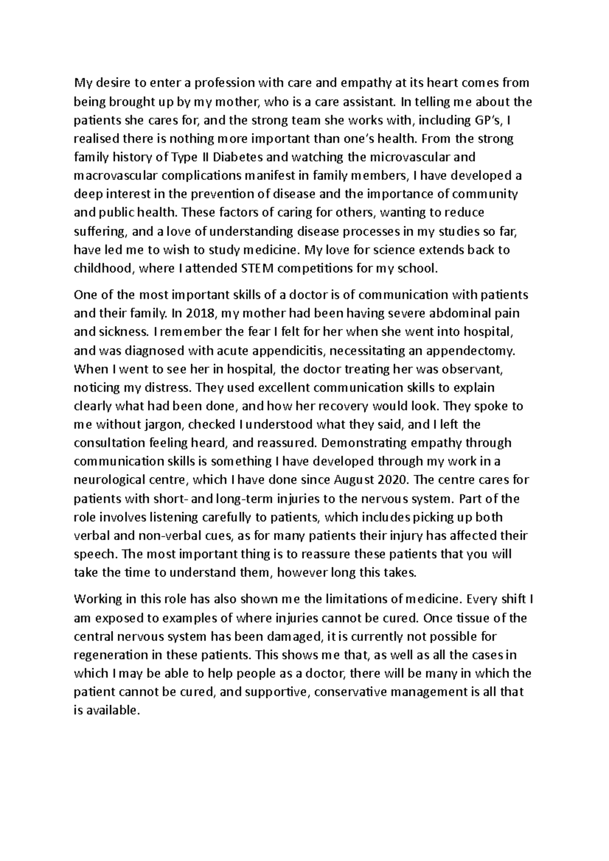 Personal statement current - My desire to enter a profession with care ...