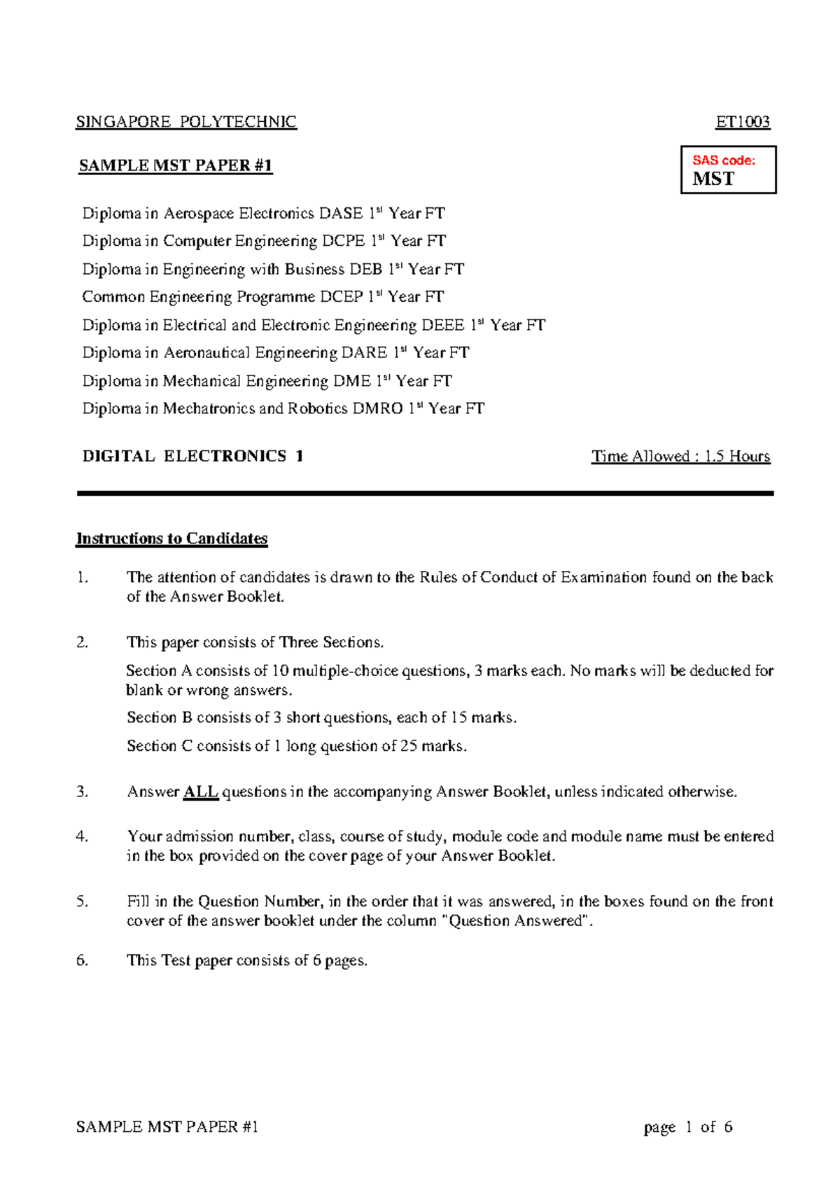Sample MST Paper #1 - SINGAPORE POLYTECHNIC ET 1003 SAMPLE MST PAPER D ...