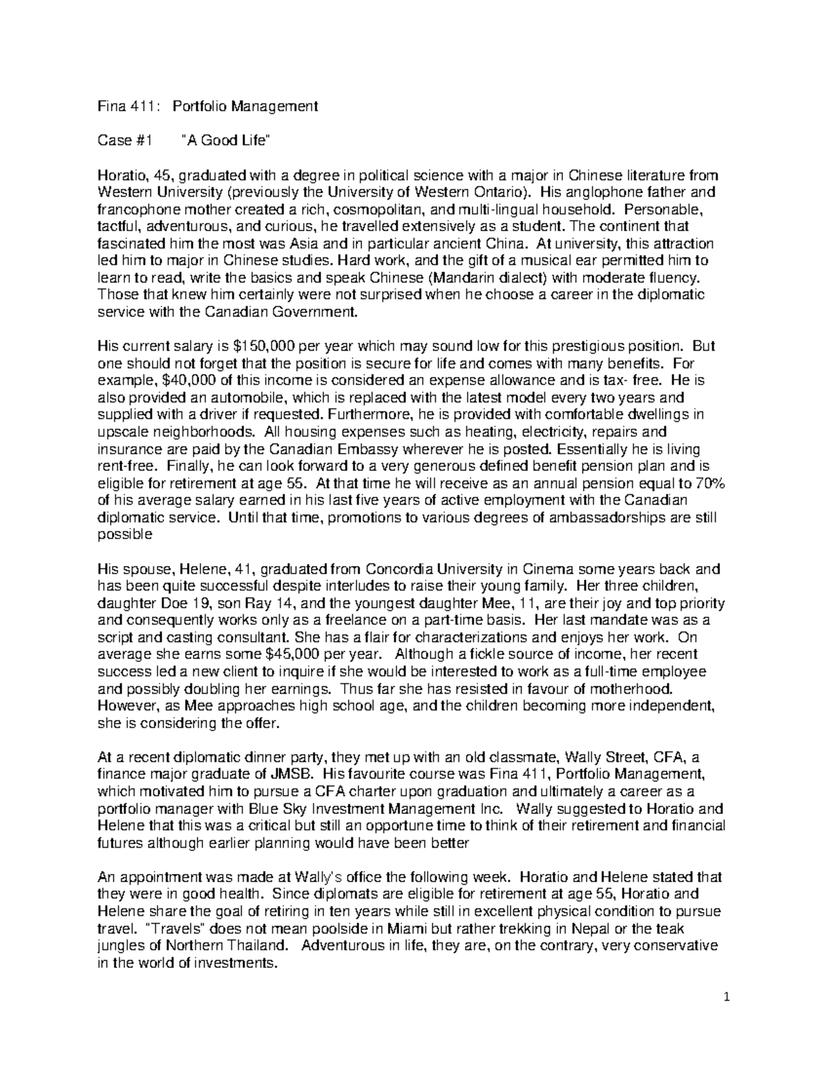 Case #1 Individual - Case study. - 1 Fina 411 : Portfolio Management ...