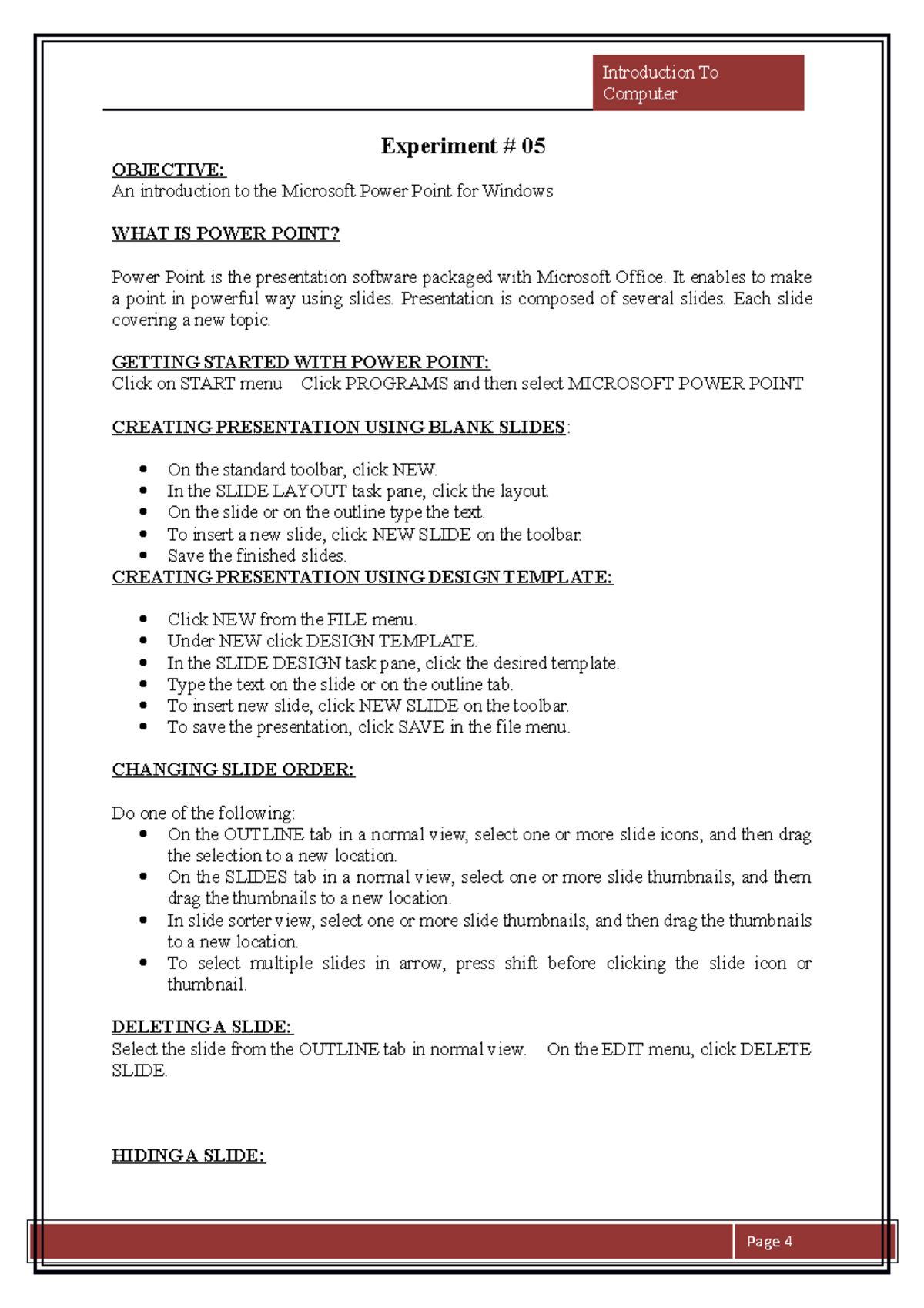 Lab5 - An introduction to the Microsoft Power Point for Windows ...