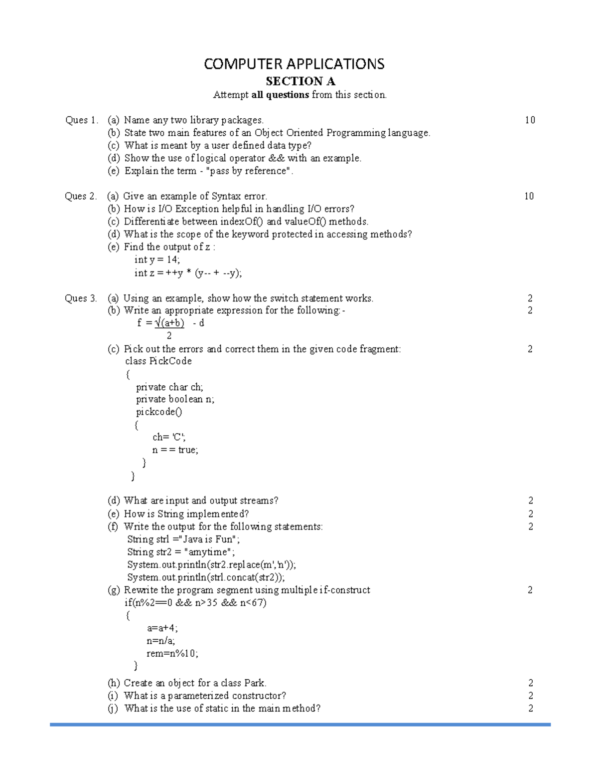 ICT CS-core1 - Class notes - (h) Create an object for a class Park. 2 ...