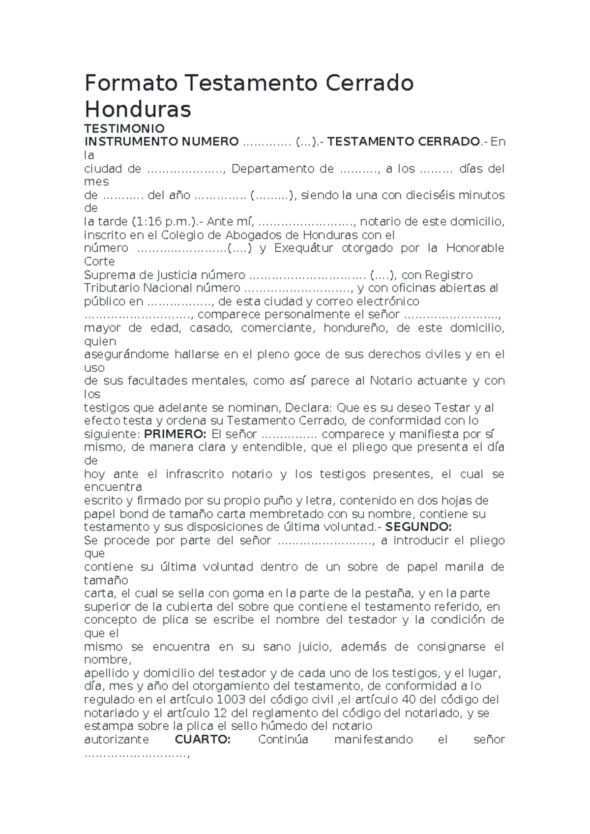Formato Testamento Cerrado - Formato Testamento Cerrado Honduras ...