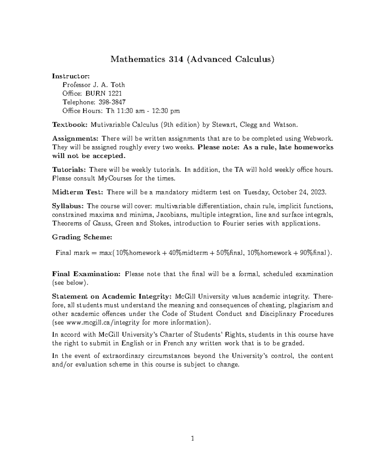 314(2023) - syllabus - Mathematics 314 (Advanced Calculus) Instructor ...