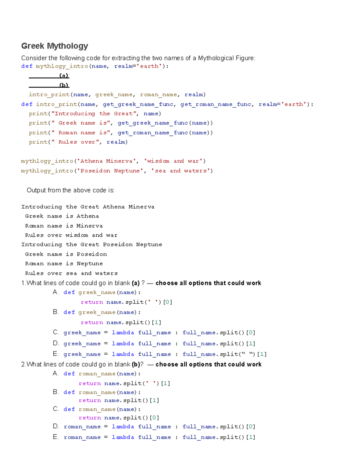 Practice Final Exam - Fall 2023 - Greek Mythology Consider the ...