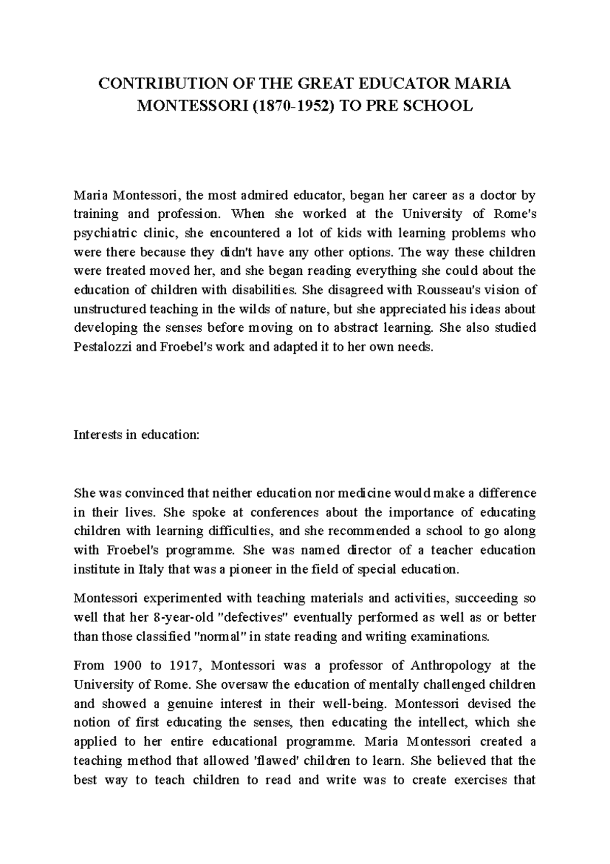 Contribution OF THE Great Educator Maria Montessori (1870-1952) TO PRE ...