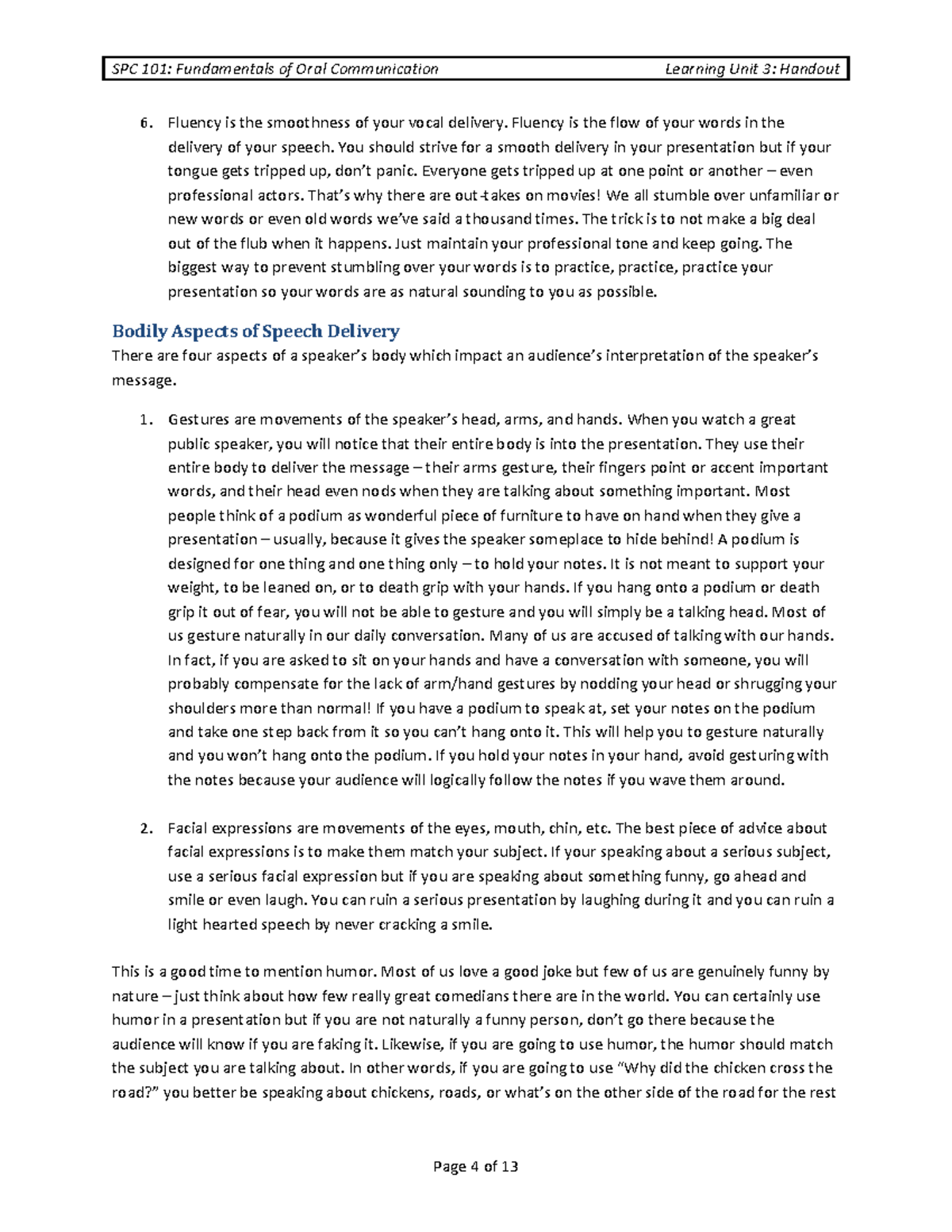 Public Speaking- Bodily Aspects of Speech Delivery - Fluency is the ...