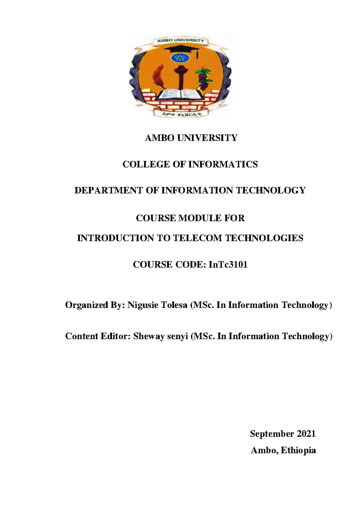Introduction to telecom technology - AMBO UNIVERSITY COLLEGE OF ...