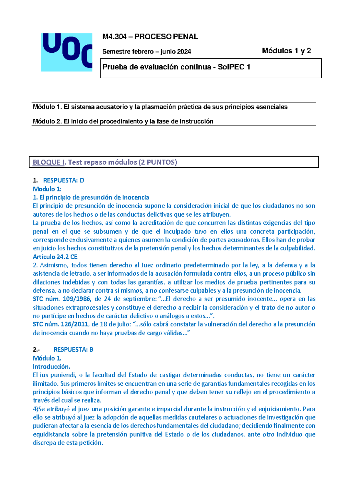 PEC1 PROCESO PENAL MASTER EN ABOGACÍA - M4 – PROCESO PENAL Semestre febrero – junio 2024 Módulos ...