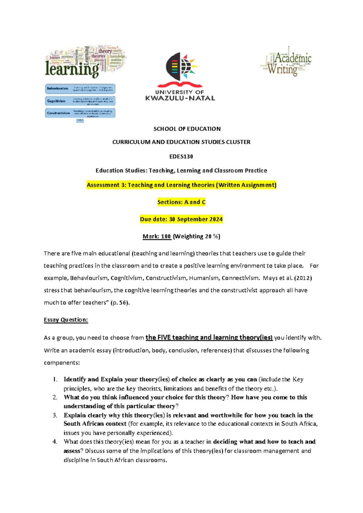 Assessment 3 (Teaching and Learning Theories) EDES130 2024 - SCHOOL OF ...