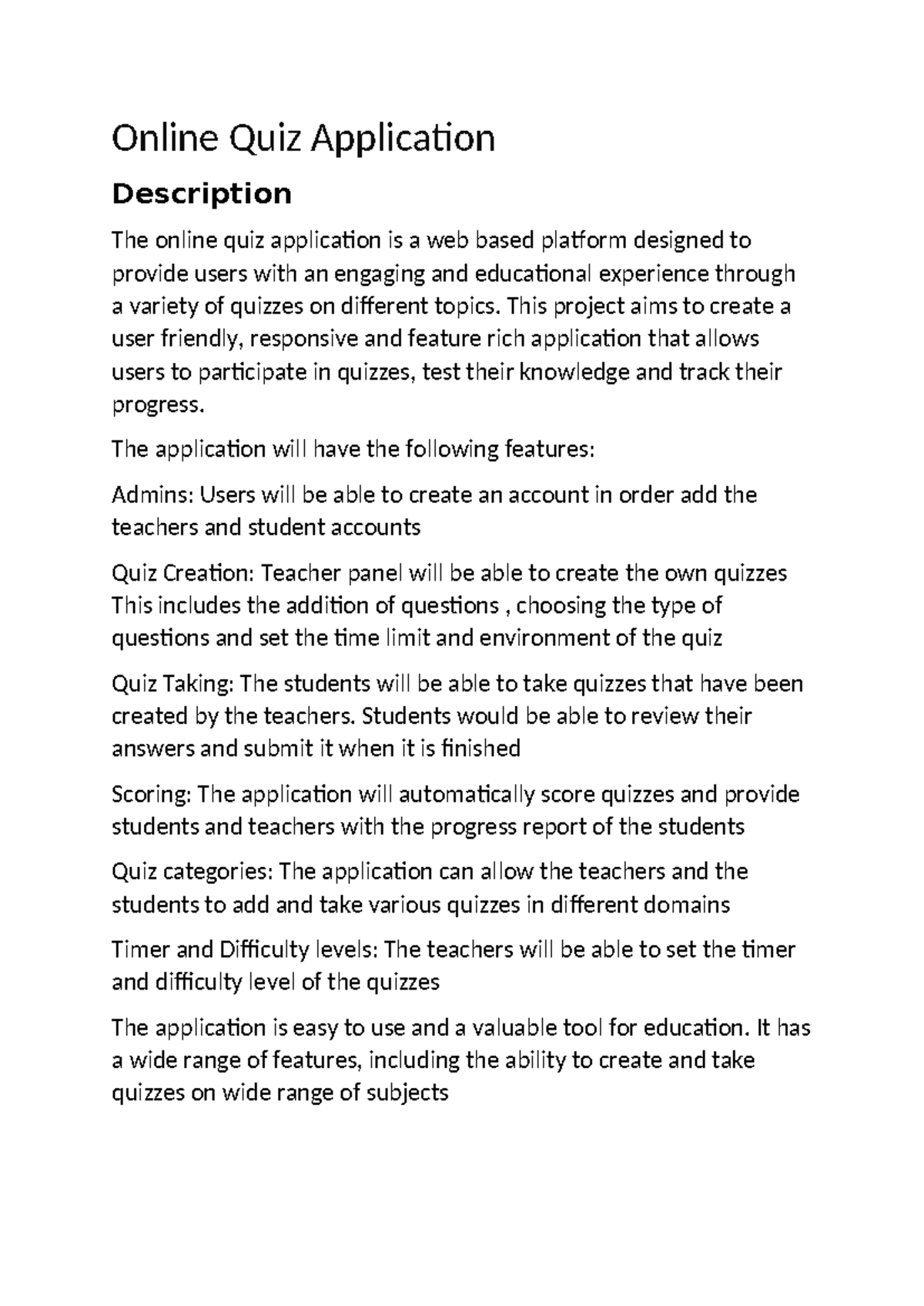 Online Quiz Application - Online Quiz Application Description The ...