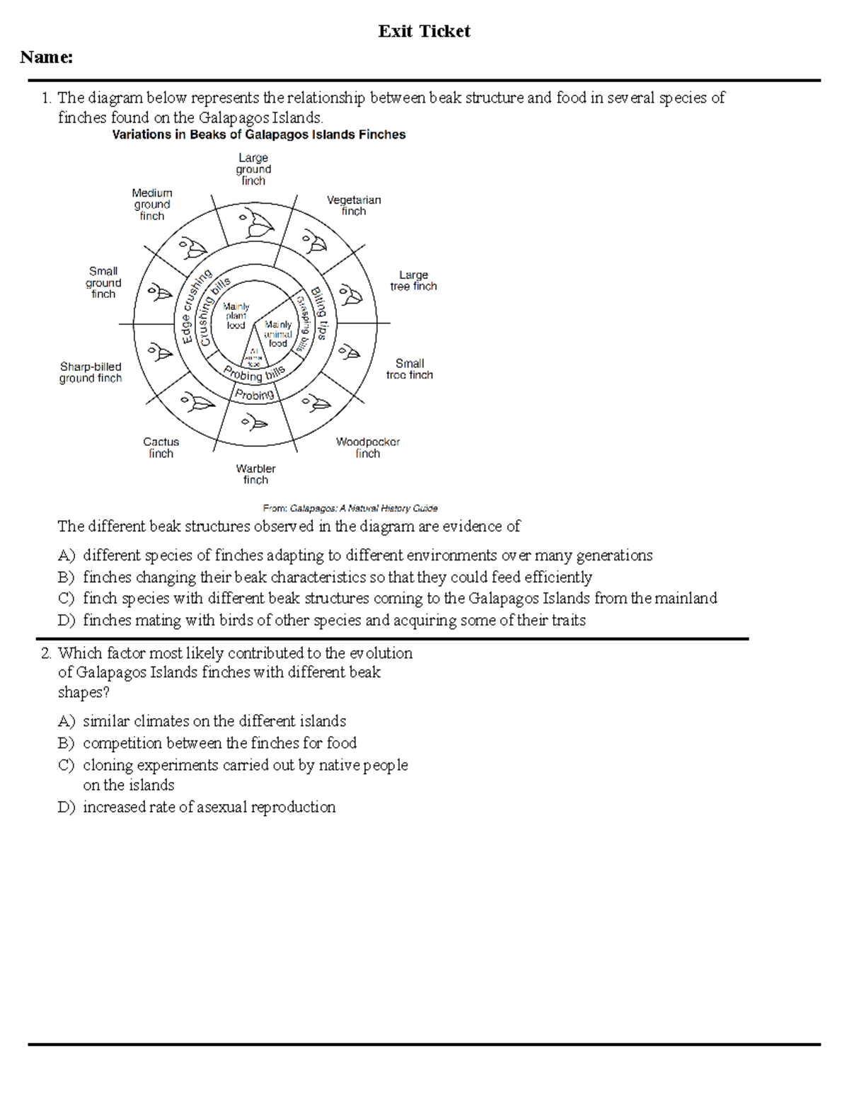 Exit Ticket Finch Lab - evolution - Exit Ticket Name: A) different ...