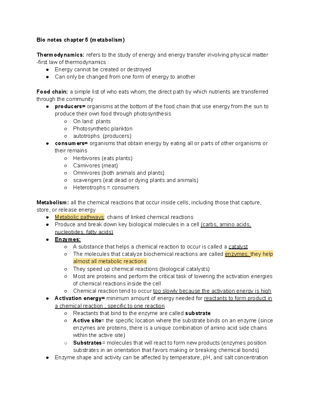 Bio notes chapter 5 (metabolism) - Bio notes chapter 5 (metabolism ...