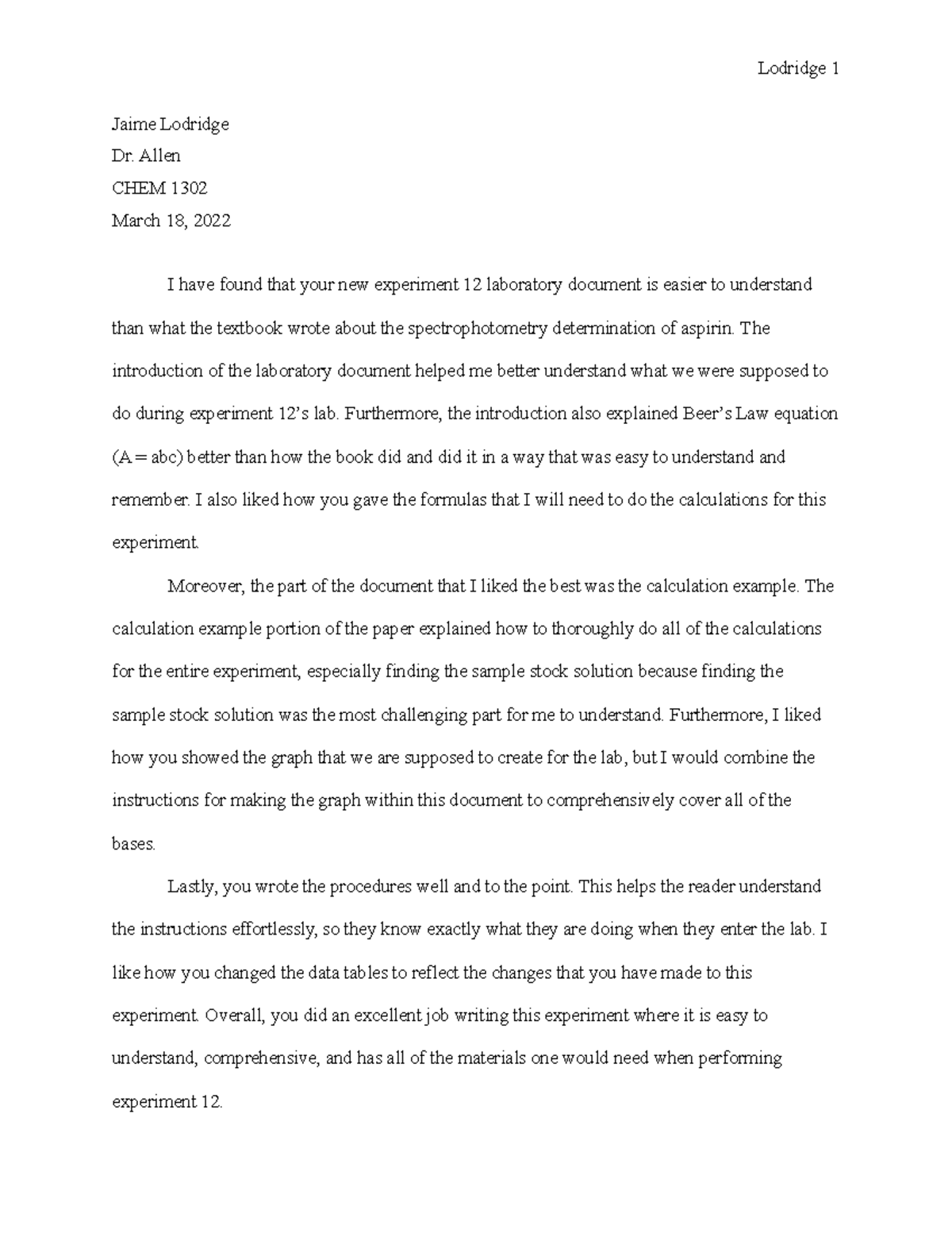 Jaime Lodridge Review of New Exp 12 laboratory experiment - Lodridge 1 Jaime Lodridge Dr. Allen ...