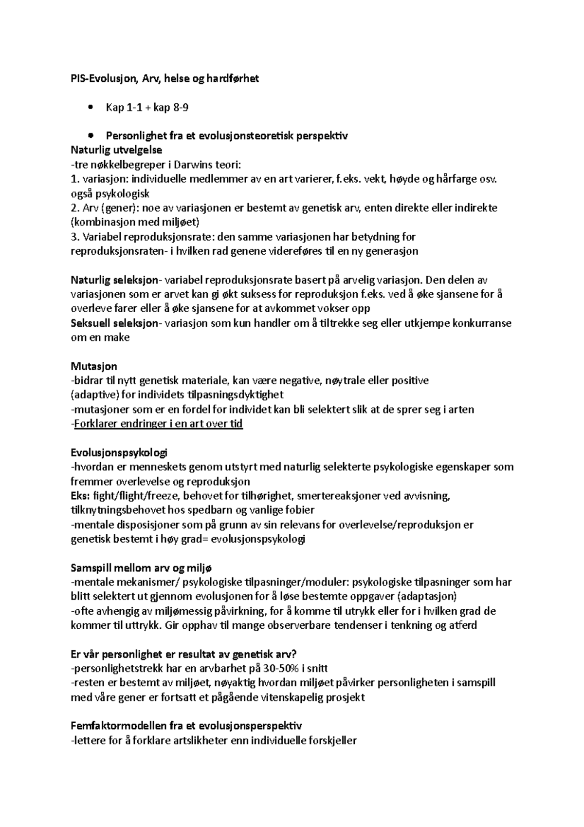 Kapittel 1-2 og 8+9-Evolusjon, arv og hardførhet - PIS-Evolusjon, Arv, helse og hardførhet Kap 1 ...