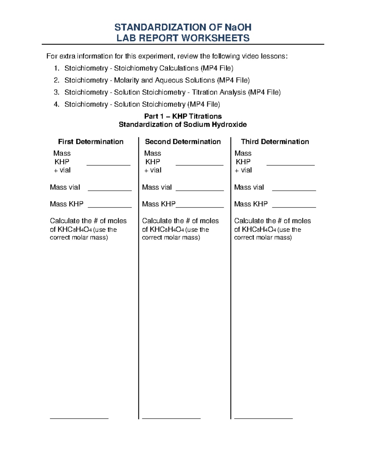 Standardization of Na OH Worksheets - LAB REPORT WORKSHEETS For extra ...
