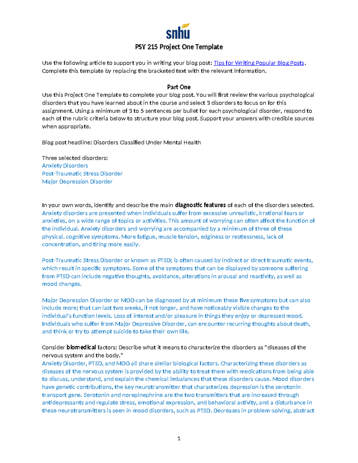 PSY 215 Project One - PSY 215 Project One Template Use the following article to support you in ...