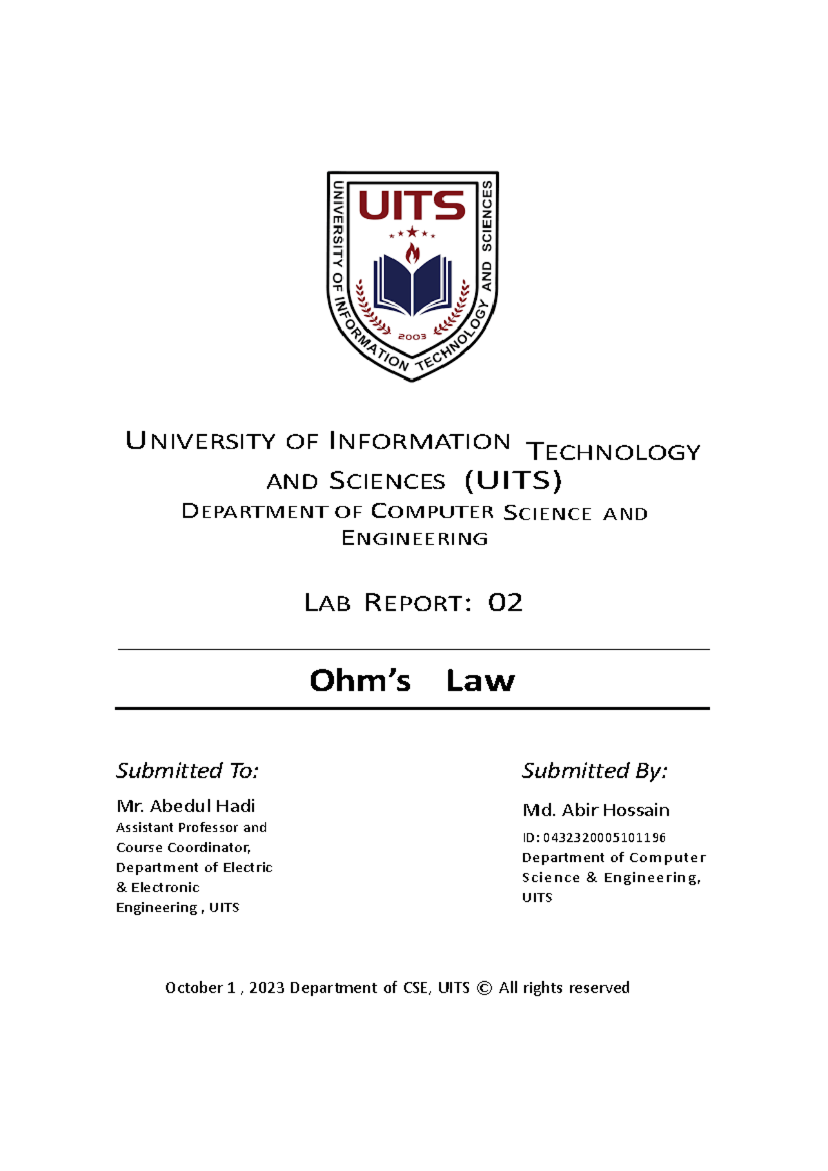 EEE Lab Report-2 (Ohm's law) - UNIVERSITY OF I NFORMATION T ECHNOLOGY ...