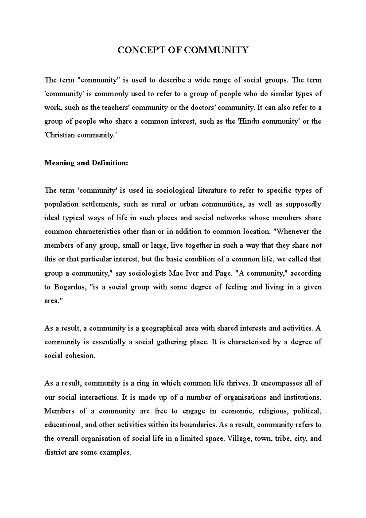 Concept OF Community - Lecture notes 2 - CONCEPT OF COMMUNITY The term ...