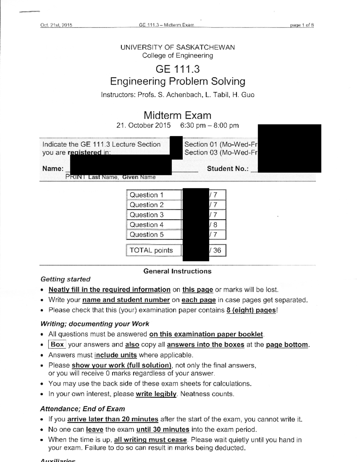 Exam 21 October 2015, questions - Ge 111 midterm as taught by drs. sven ...