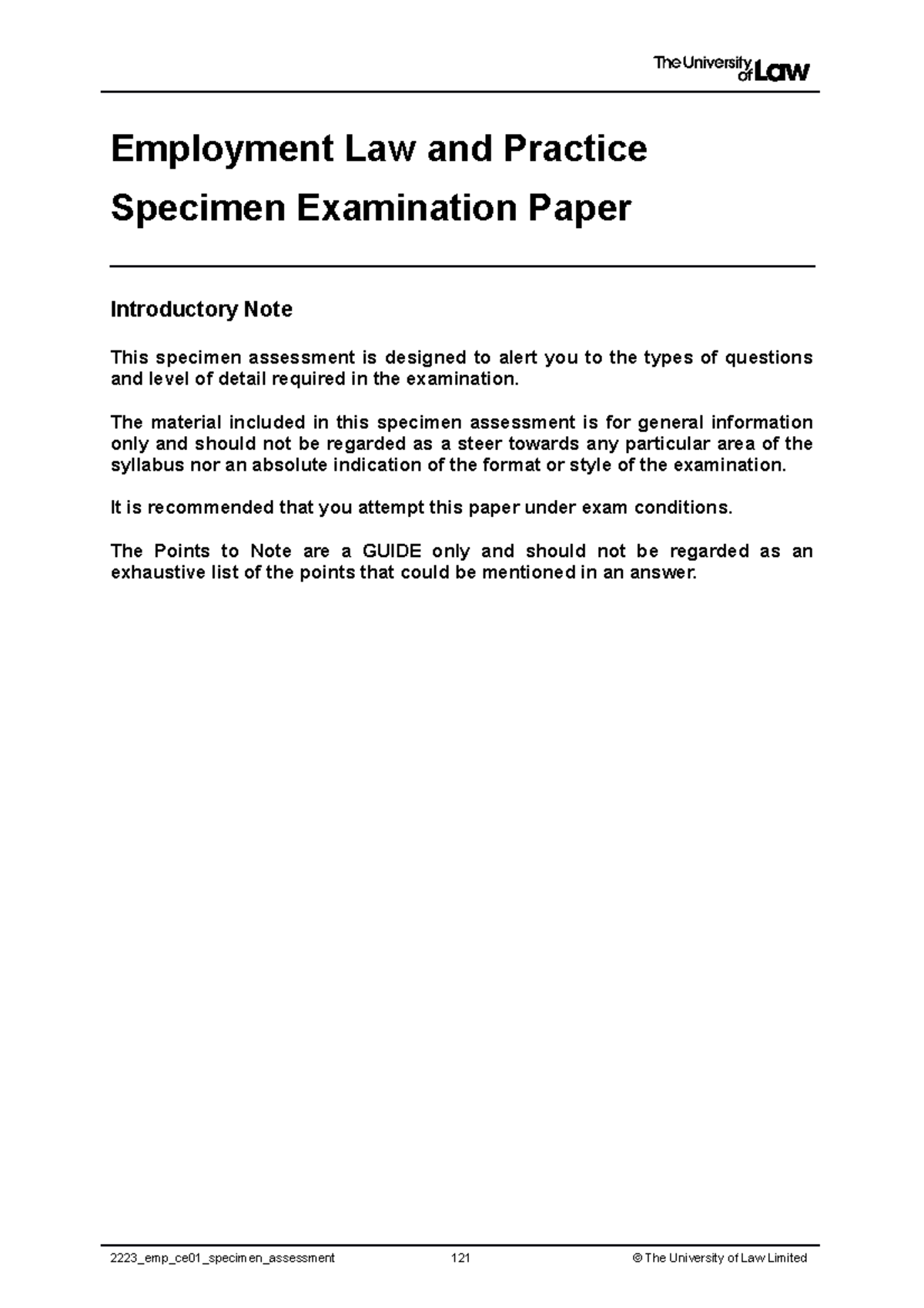 employment law specimen assessment LPC - Employment Law and Practice ...