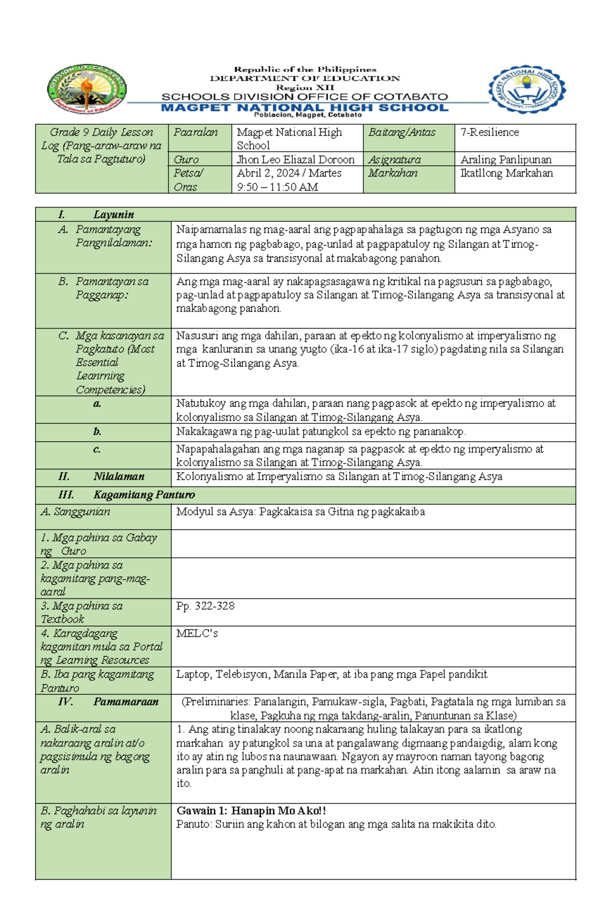 AP7-Q4-LP1 - ap lp - Grade 9 Daily Lesson Log (Pang-araw-araw na Tala sa Pagtuturo) Paaralan ...