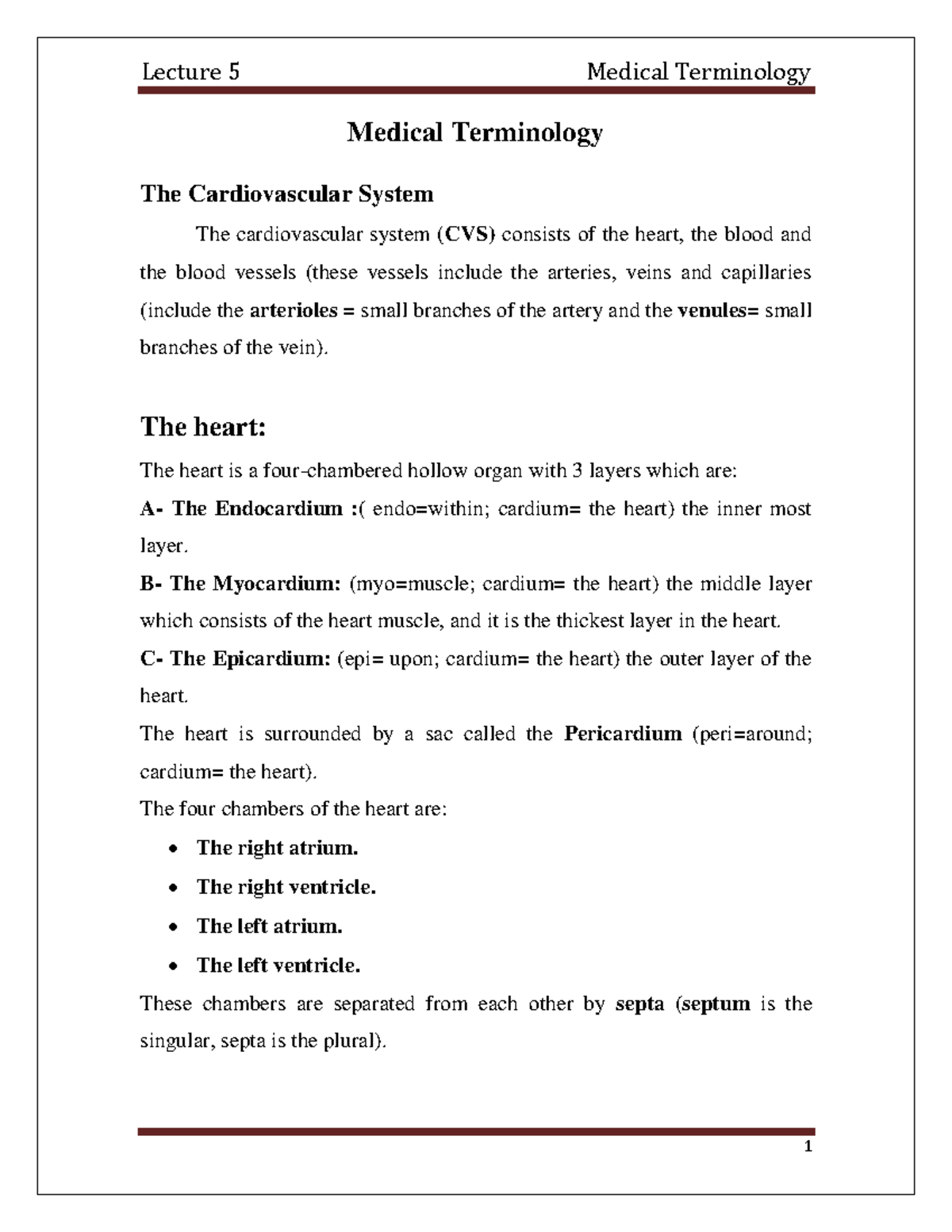 Medical terminology lec 5 - Medical Terminology The Cardiovascular ...
