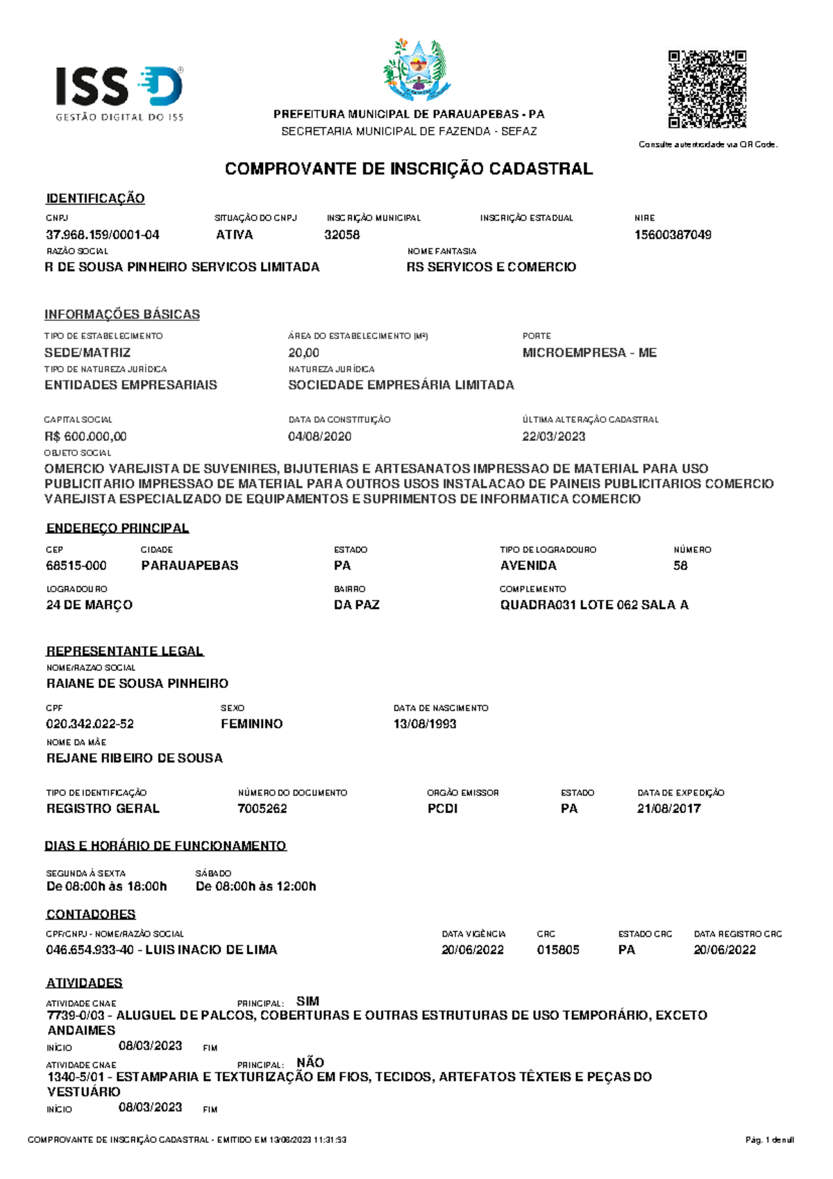 2 - Comprovante-Inscricao-Cadastral Municipal - ISS - Consulte autenticidade via QR Code. - Studocu