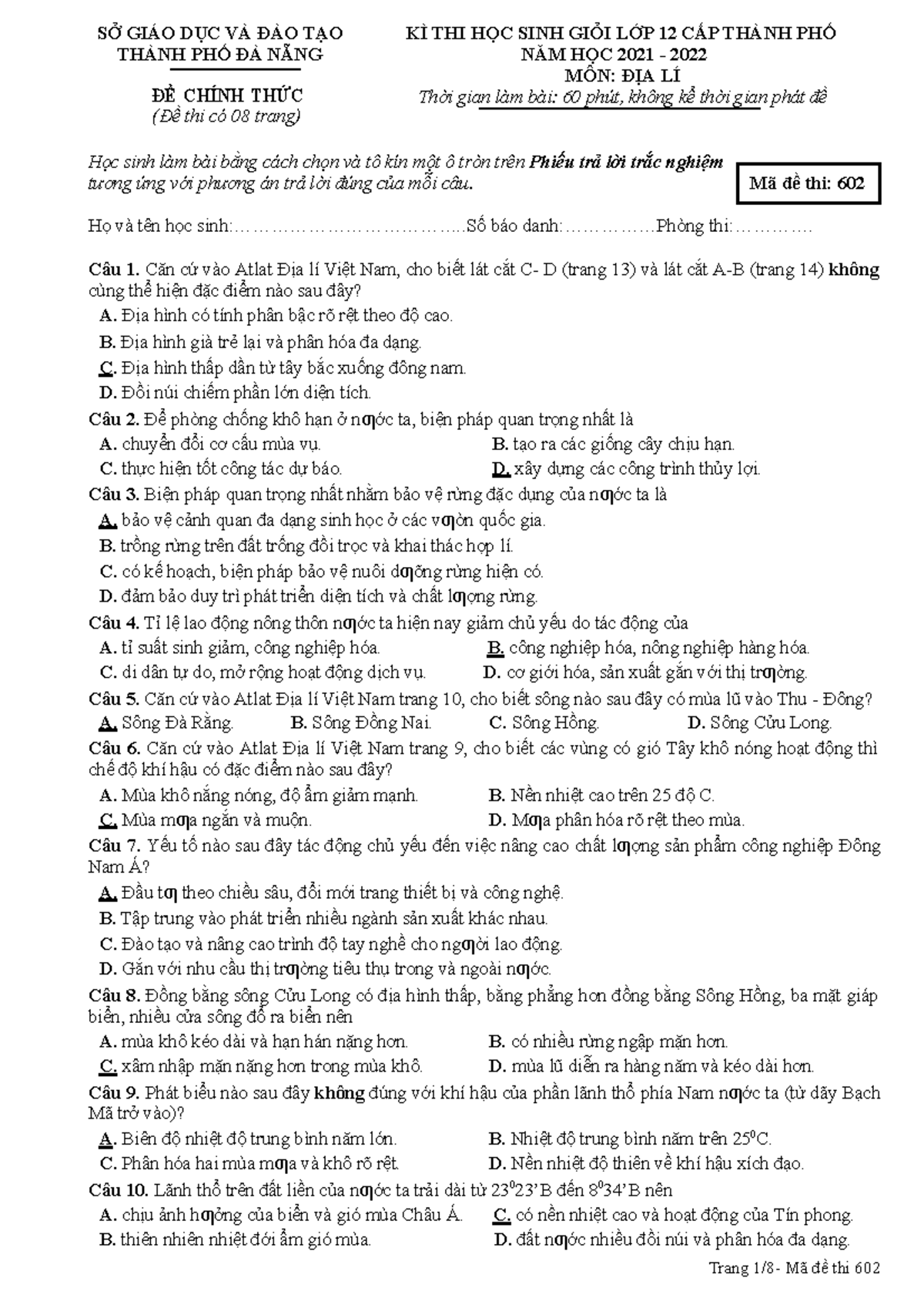 10.-DIA-LI-602-DE-VA-DAP-AN - Trang 1 /8- Mã đề thi 602 SỞ GIÁO DỤC VÀ ĐÀO TẠO THÀNH PHỐ ĐÀ NẴNG ...