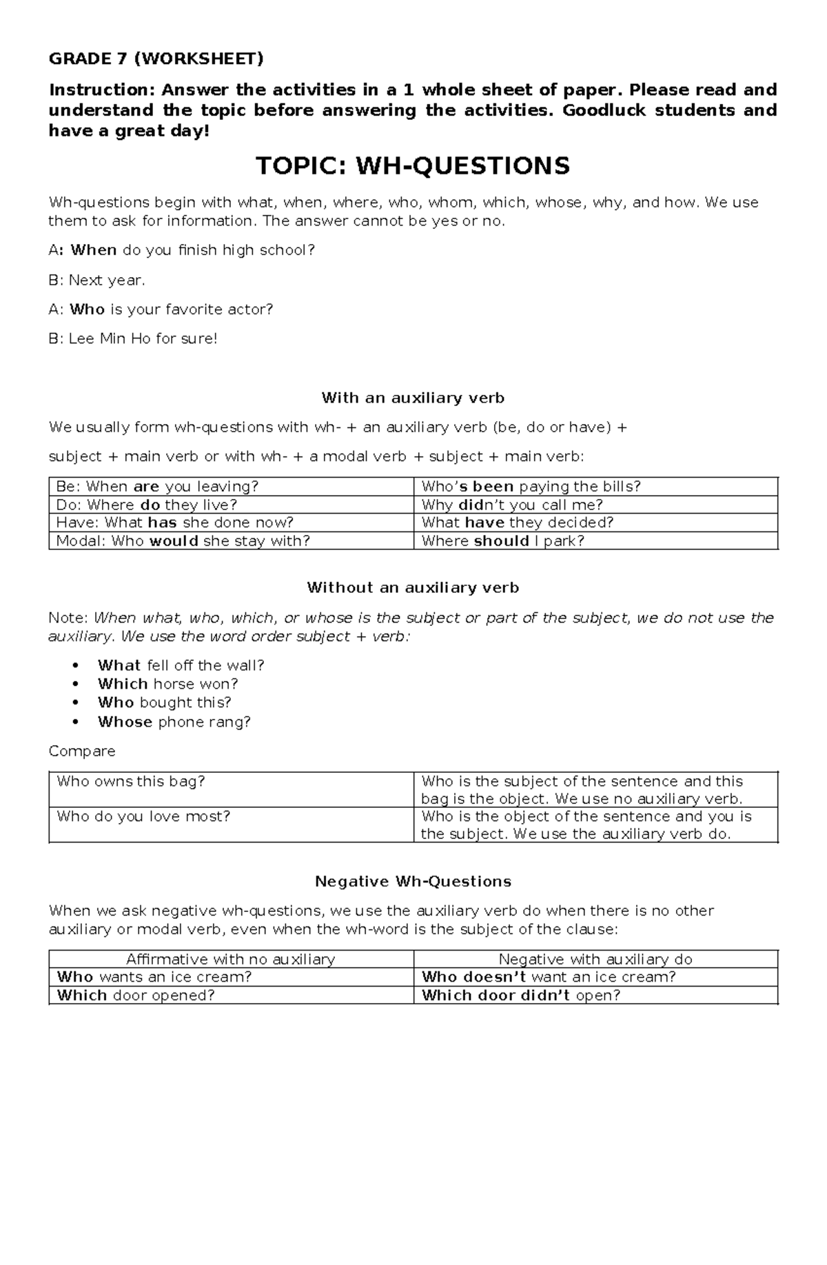 Wh-QUESTION, SIMPLE AND THOUGHT-PROVOKING QUESTIONS - GRADE 7 ...