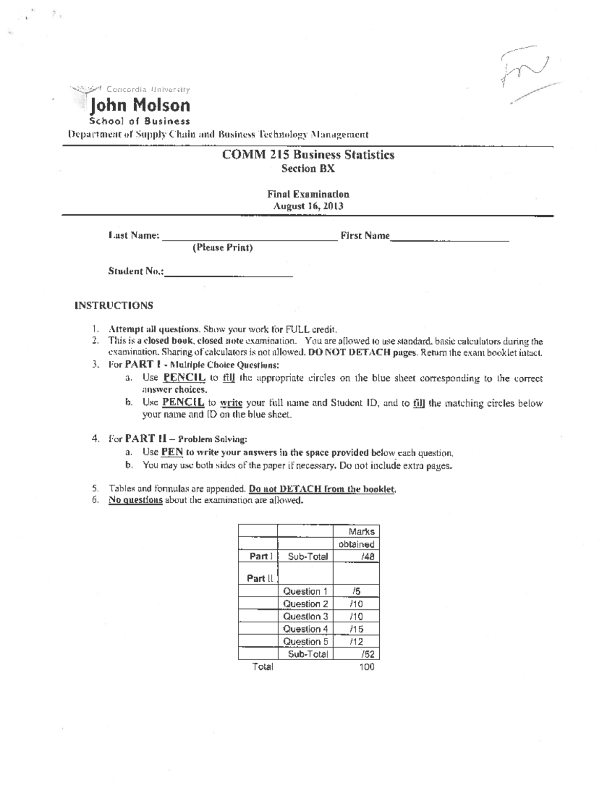 Exam 18 August 2013, questions - Business statistics, Final Examination ...