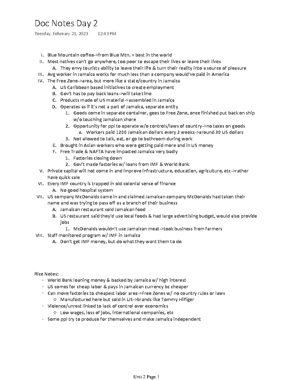 Documentary Notes Day 2 - I. Blue Mountain coffee->from Blue Mtn ...