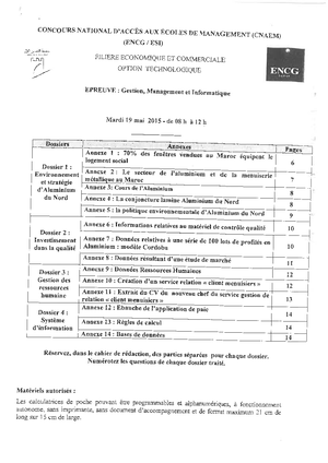 Gestion et Management informatique cnaem 2013 - CONCOURS NATIONAL D’ACCÈS AUX ÉCOLES DE ...