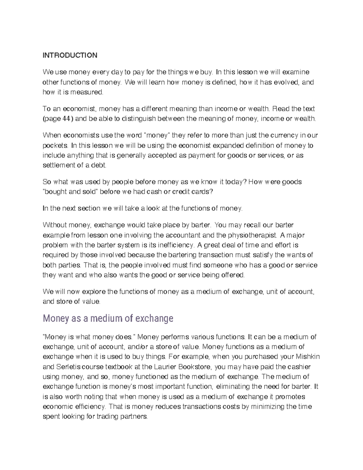 Notes Ch3 What Is Money INTRODUCTION We Use Money Every Day To Pay