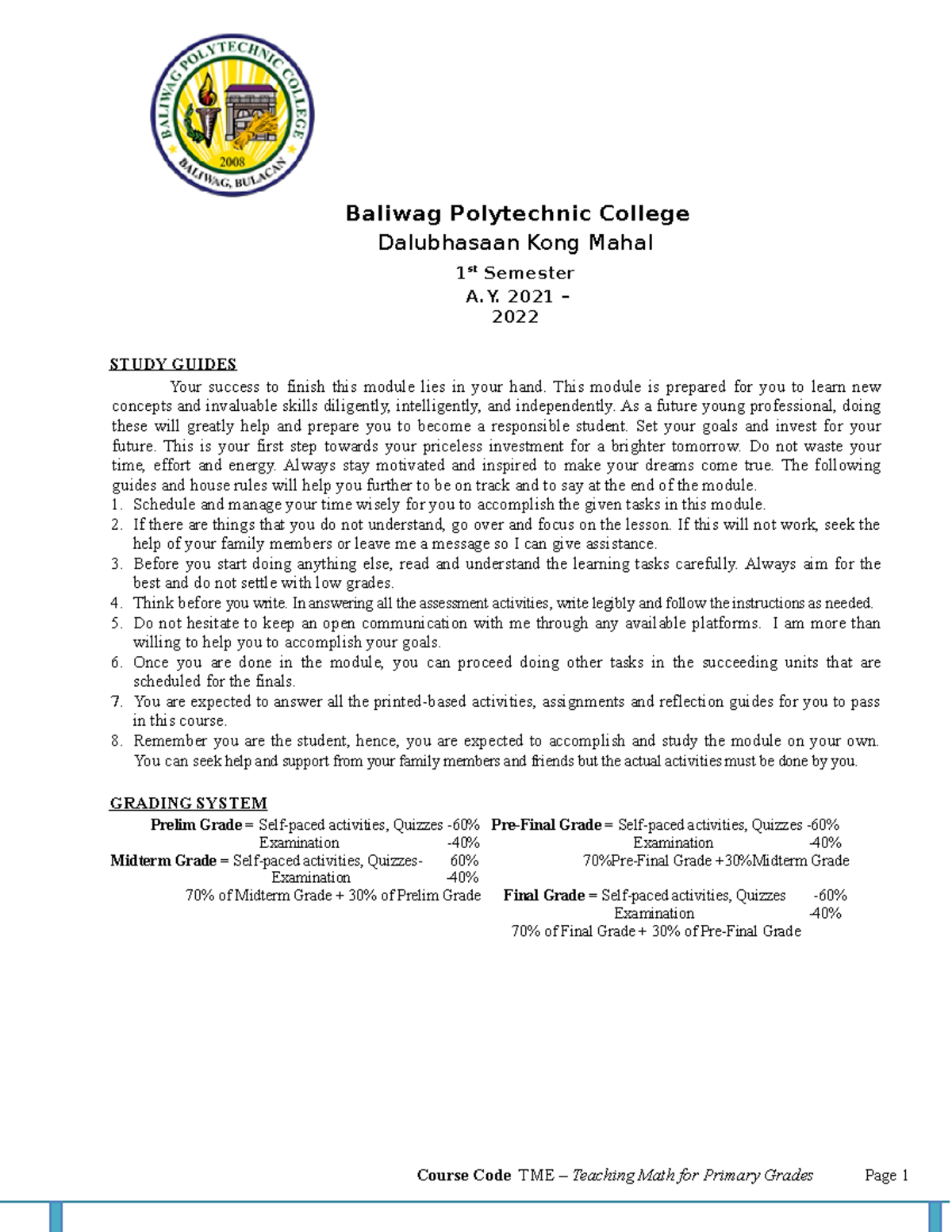 TME- Btech - To help others - Baliwag Polytechnic College Dalubhasaan ...