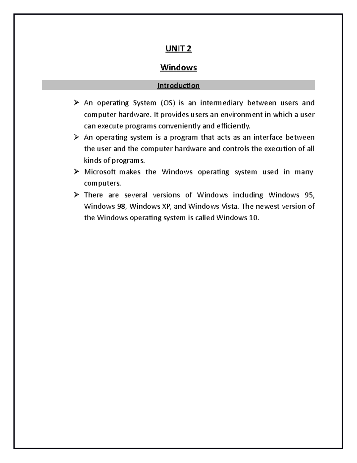 UNIT 2 - Computer Studies - UNIT 2 Windows Introduction An operating ...