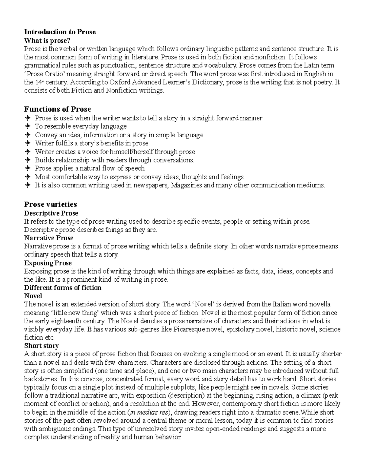 AP -Prose - Easy notes - Introduction to Prose What is prose? Prose is ...