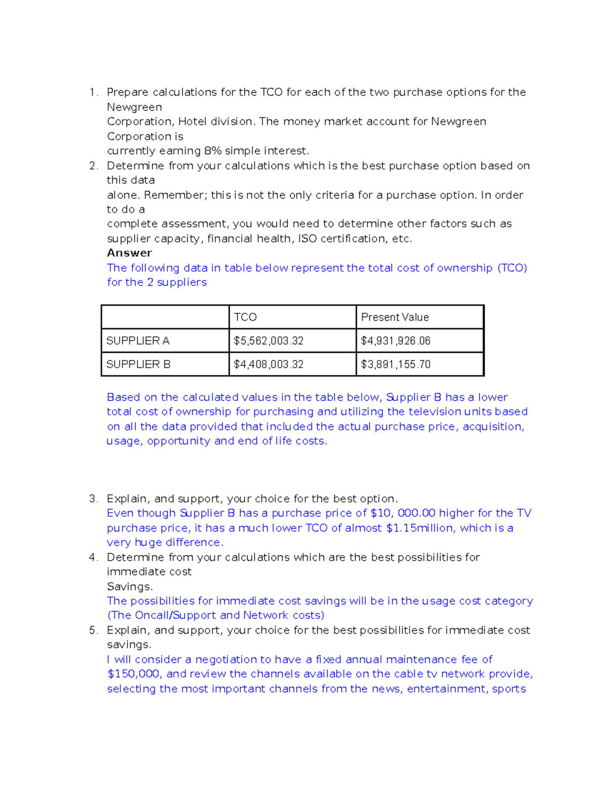 TCO Assignment Updated - Prepare calculations for the TCO for each of ...
