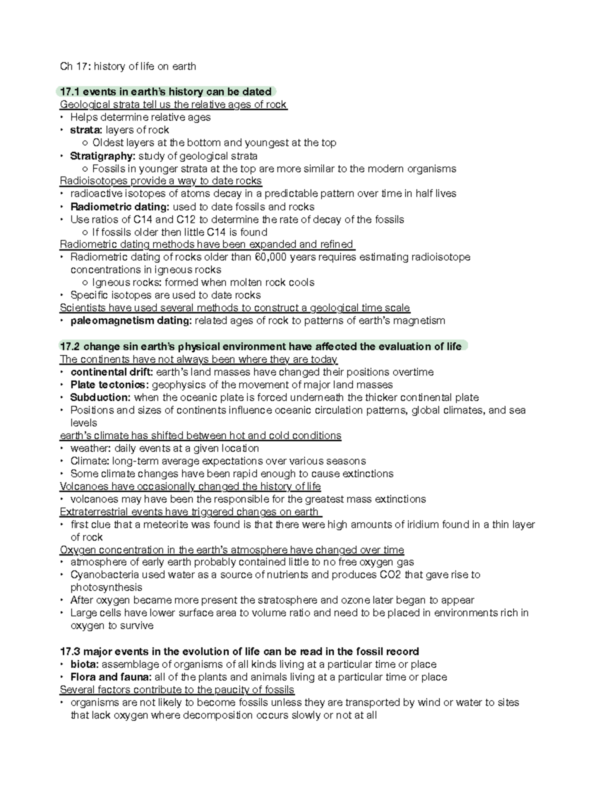 ch 17 reading notes - Ch 17: history of life on earth 17 events in ...
