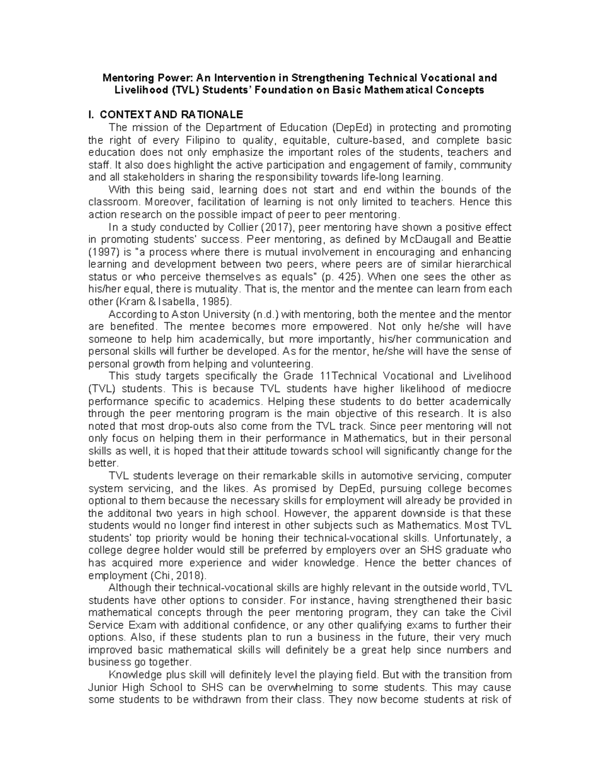 Sample Action Research - Mentoring Power: An Intervention in ...