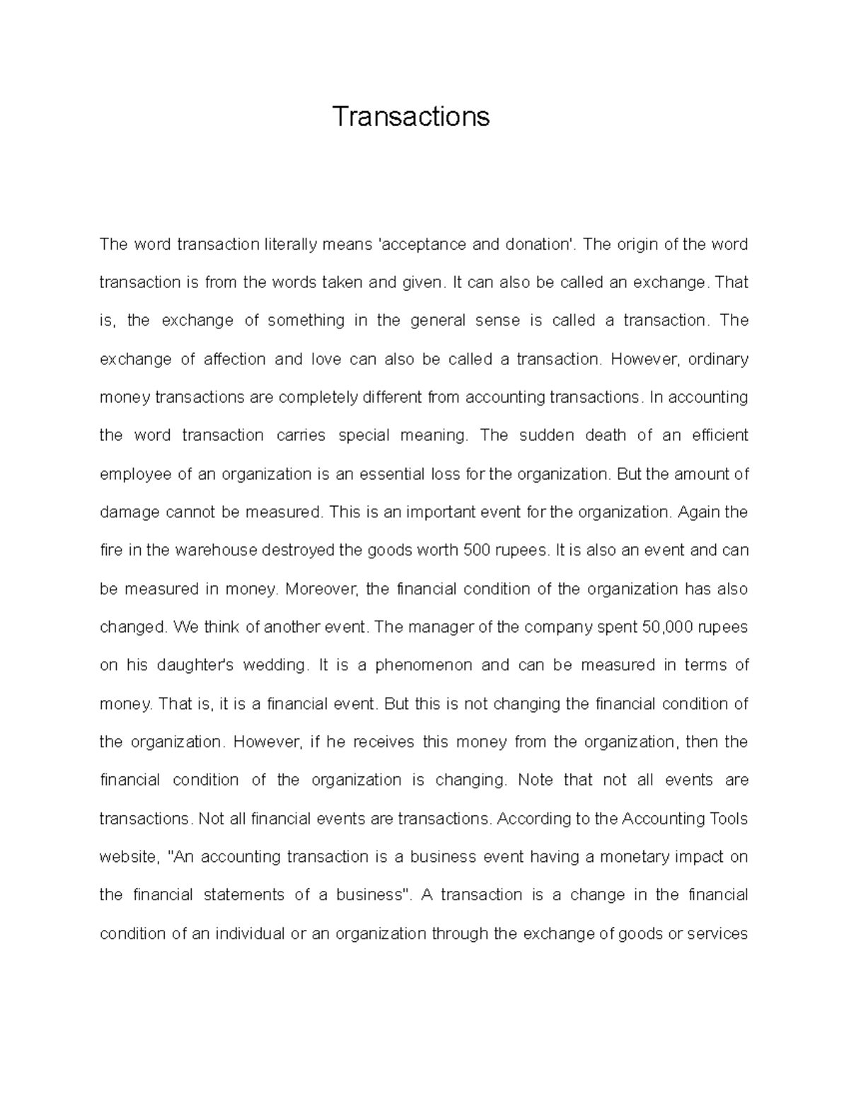 Transactions - Transactions The word transaction literally means ...